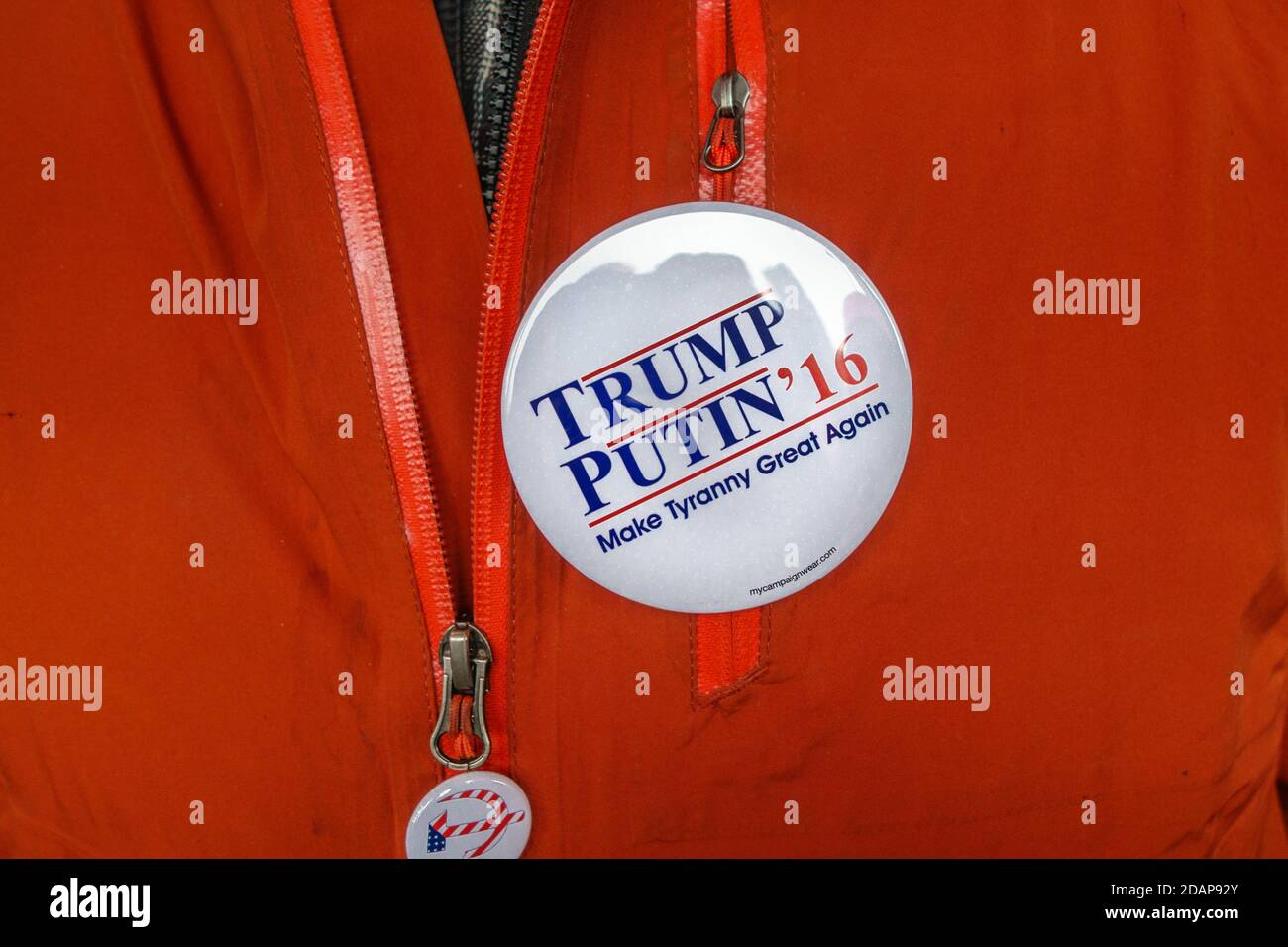 Closeup of Trump Putin 2016 Campaign button being worn by person with ...
