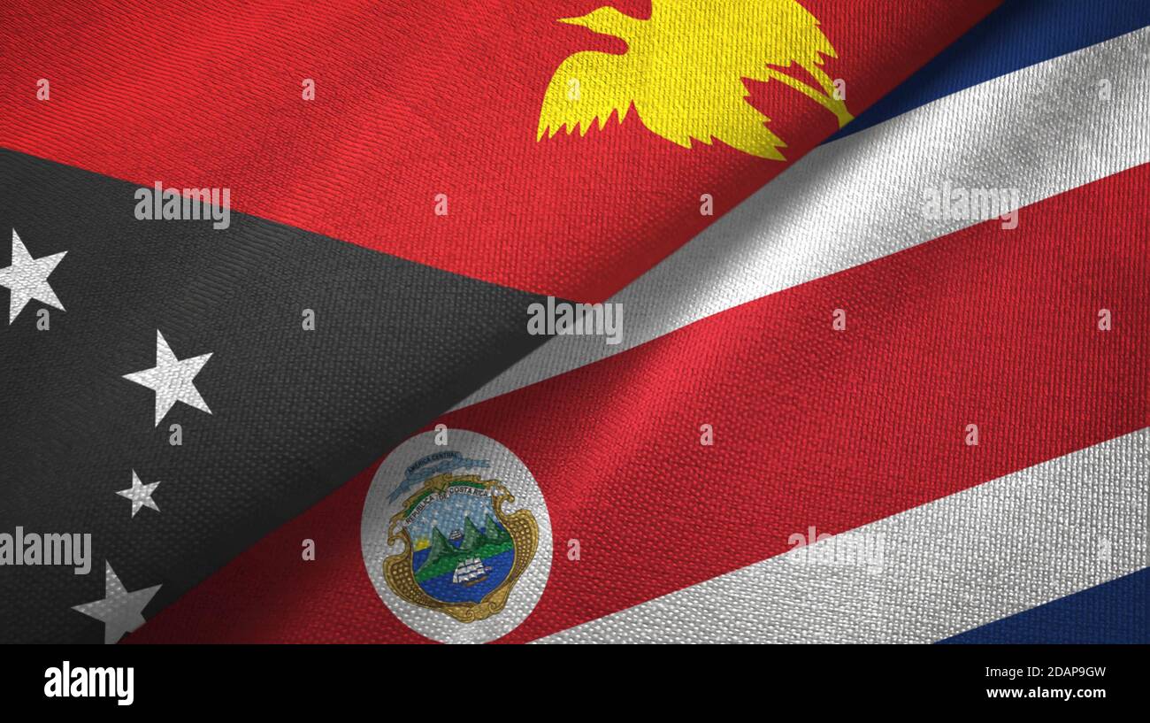 Papua New Guinea and Costa Rica two flags textile cloth, fabric texture ...