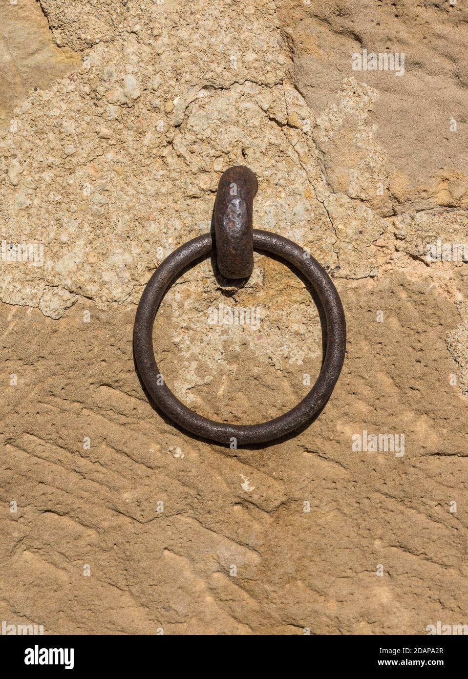 old iron ring a little rusty embedded in a stone wall, used to leave ...