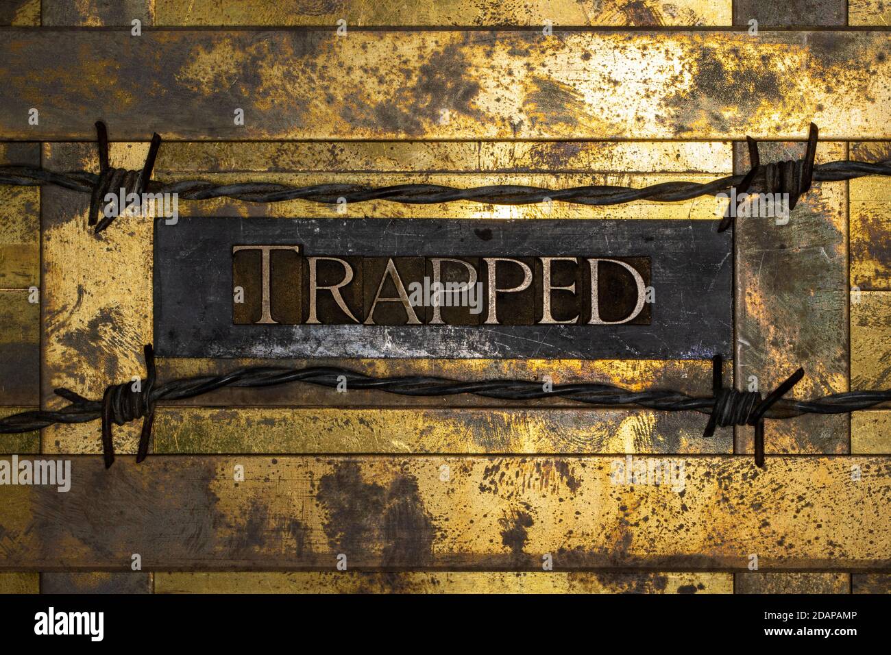 Trapped text message on textured grunge copper and vintage gold ...