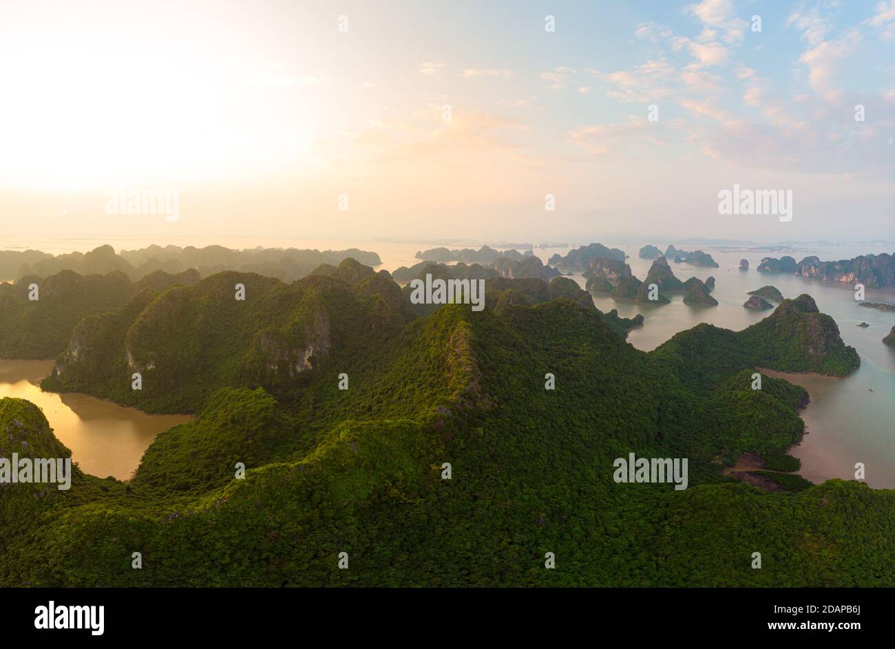 Aerial view of Ha Long from Bay Cat Ba island, unique limestone rock ...