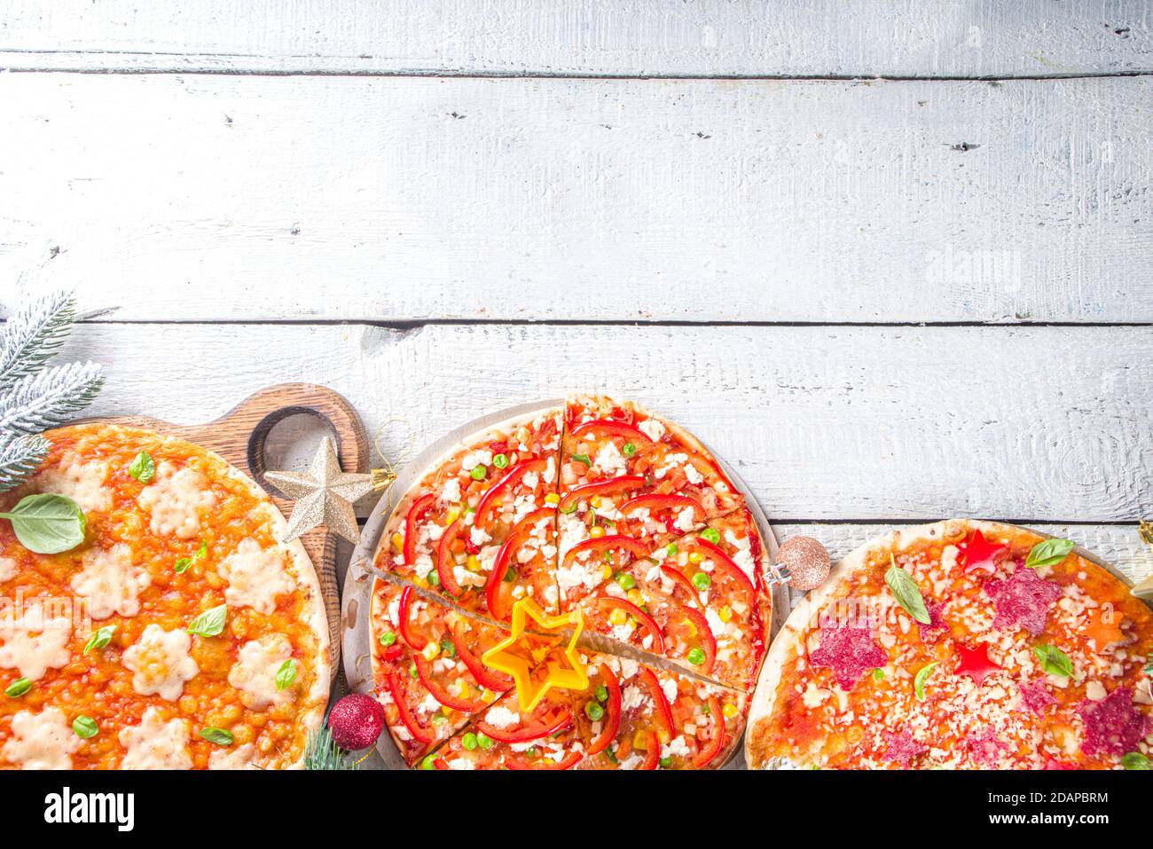 Christmas decorated pizza. Set of Various Homemade Pizza with Xmas ...