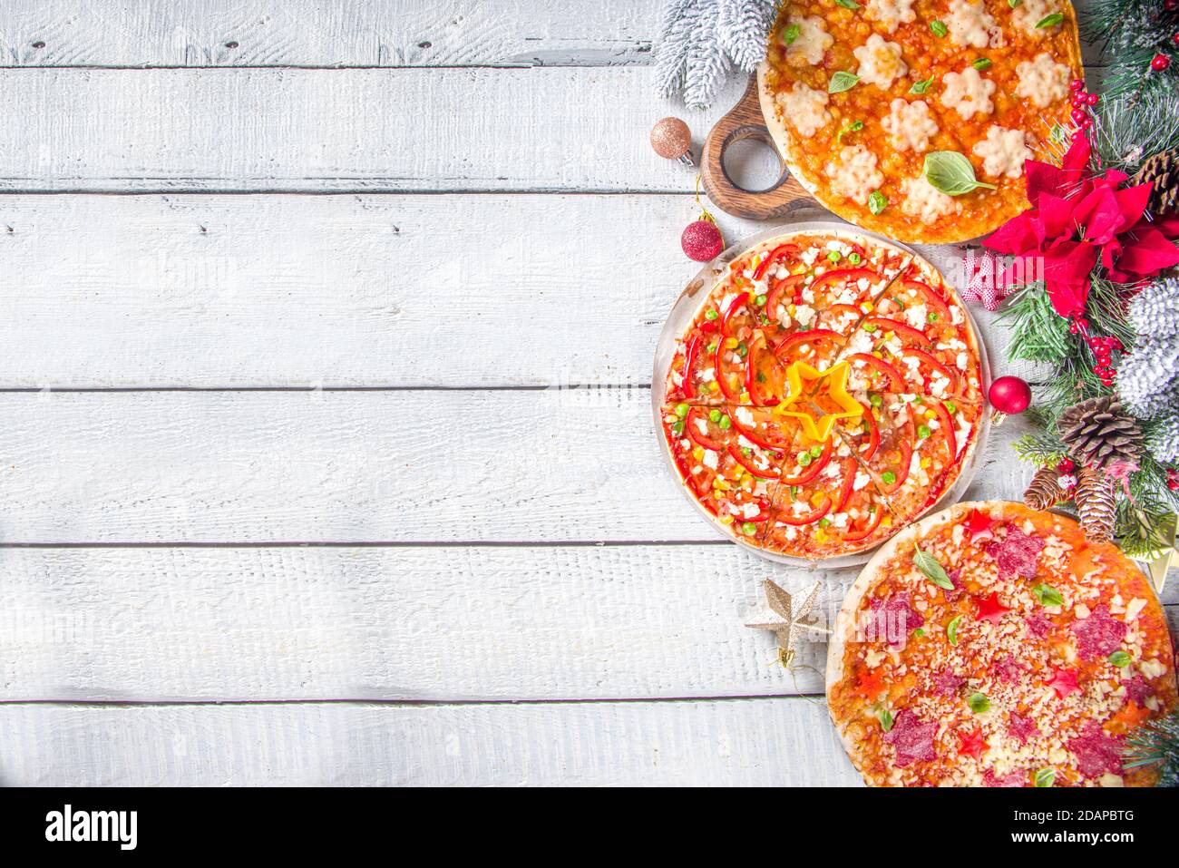 Christmas decorated pizza. Set of Various Homemade Pizza with Xmas ...