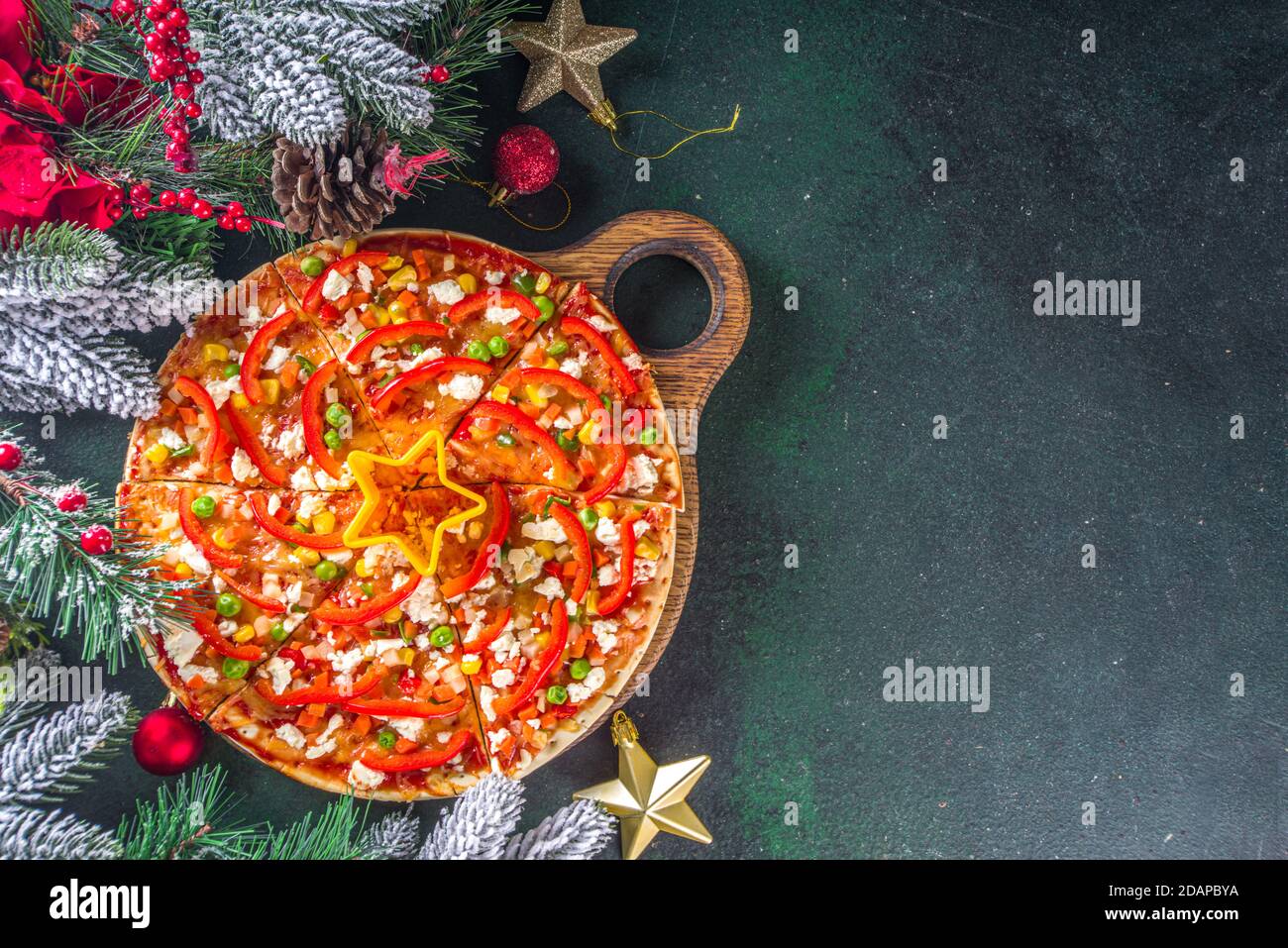 Christmas decorated pizza. Set of Various Homemade Pizza with Xmas ...