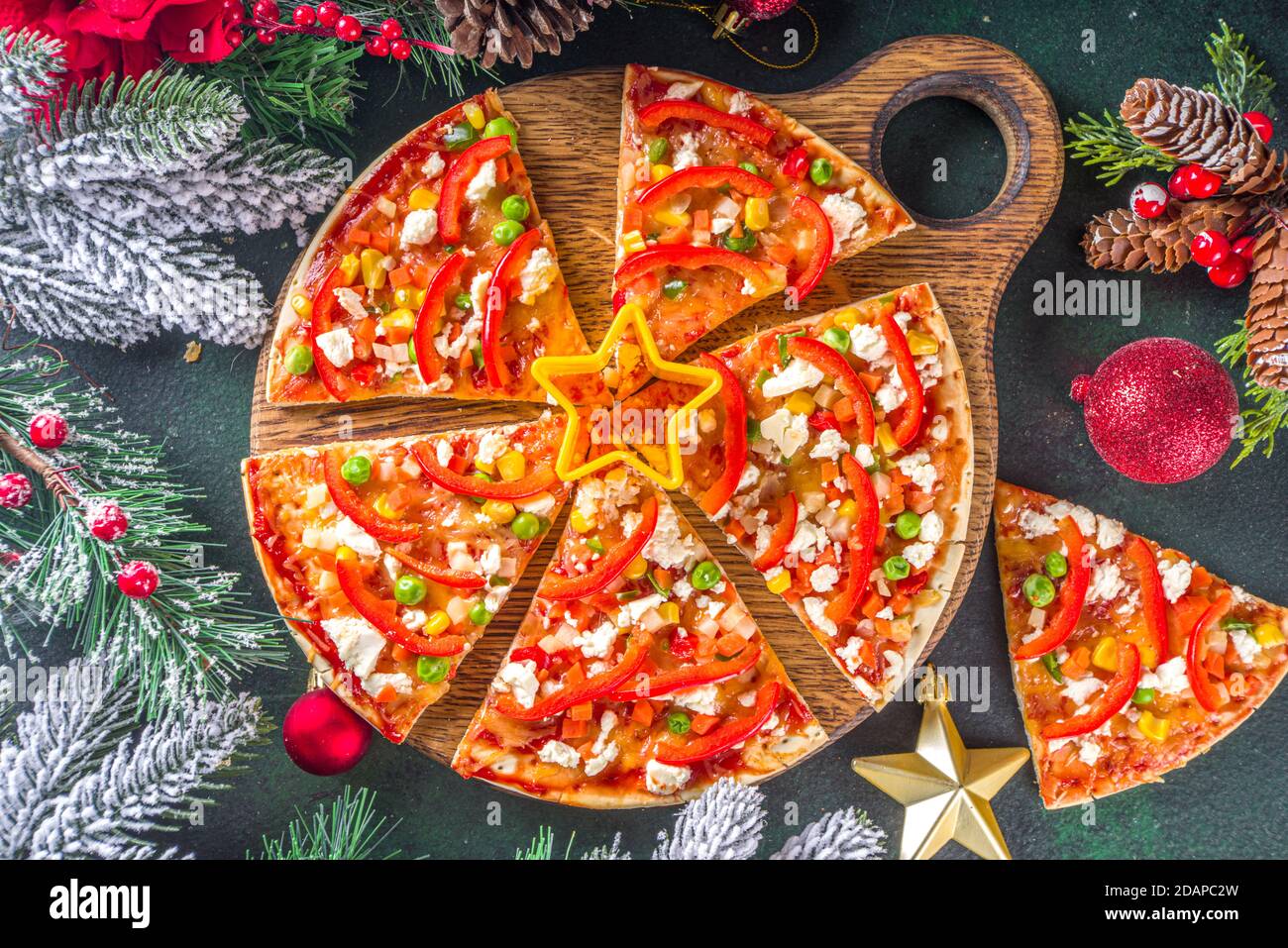 Christmas decorated pizza. Set of Various Homemade Pizza with Xmas ...