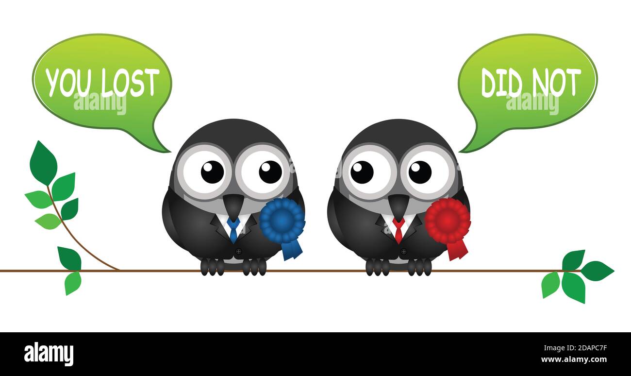 Comical bird politicians arguing who won the election perched on a ...