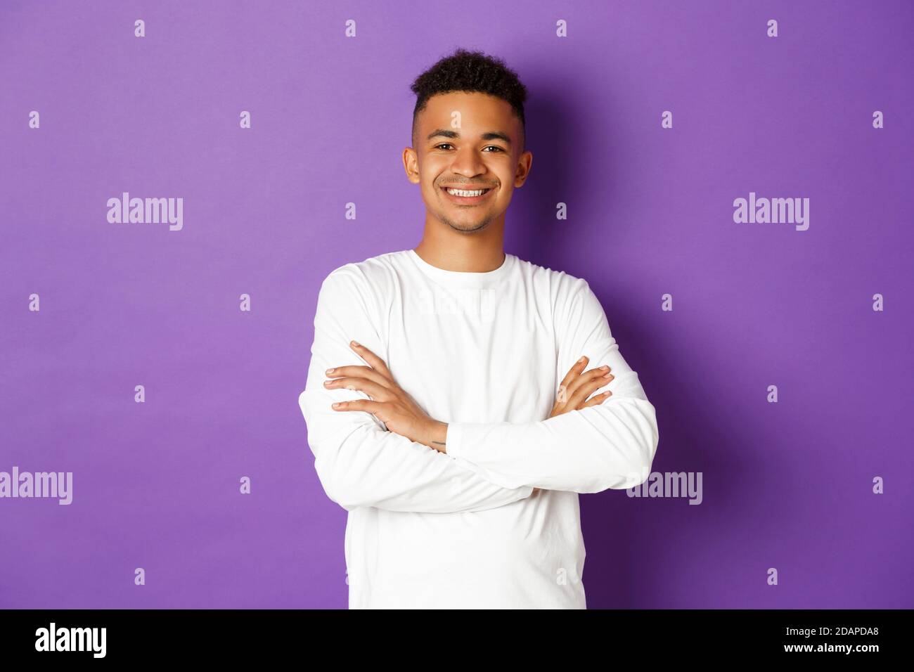 Image of confident african-american man, cross arms on chest and ...
