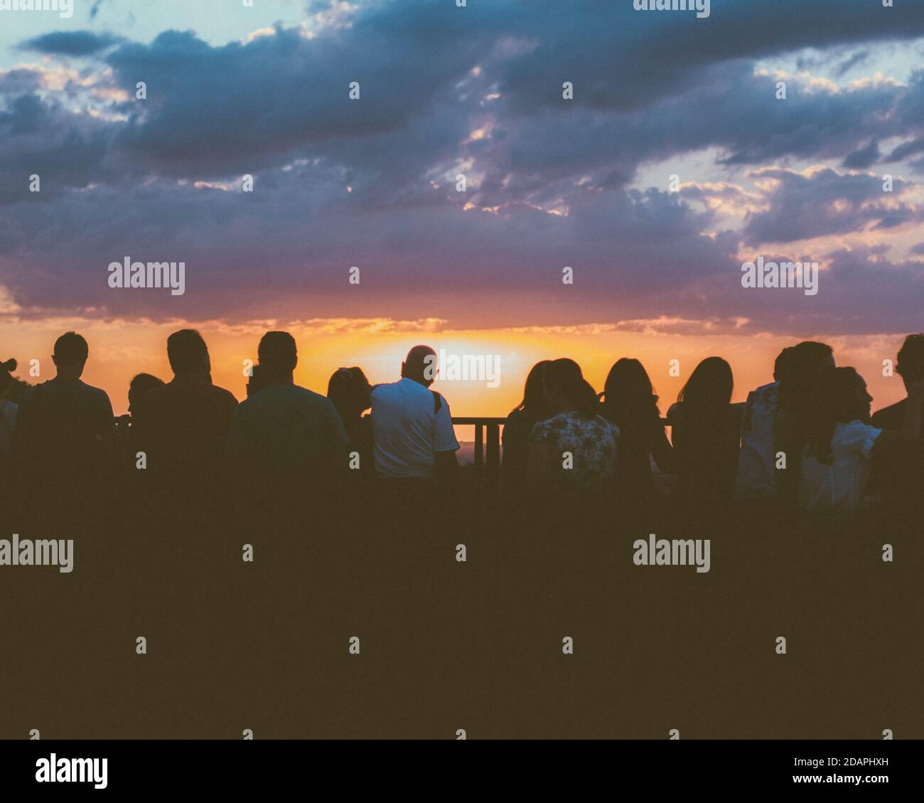 Back view of a group of people standing near a fence and enjoying a ...