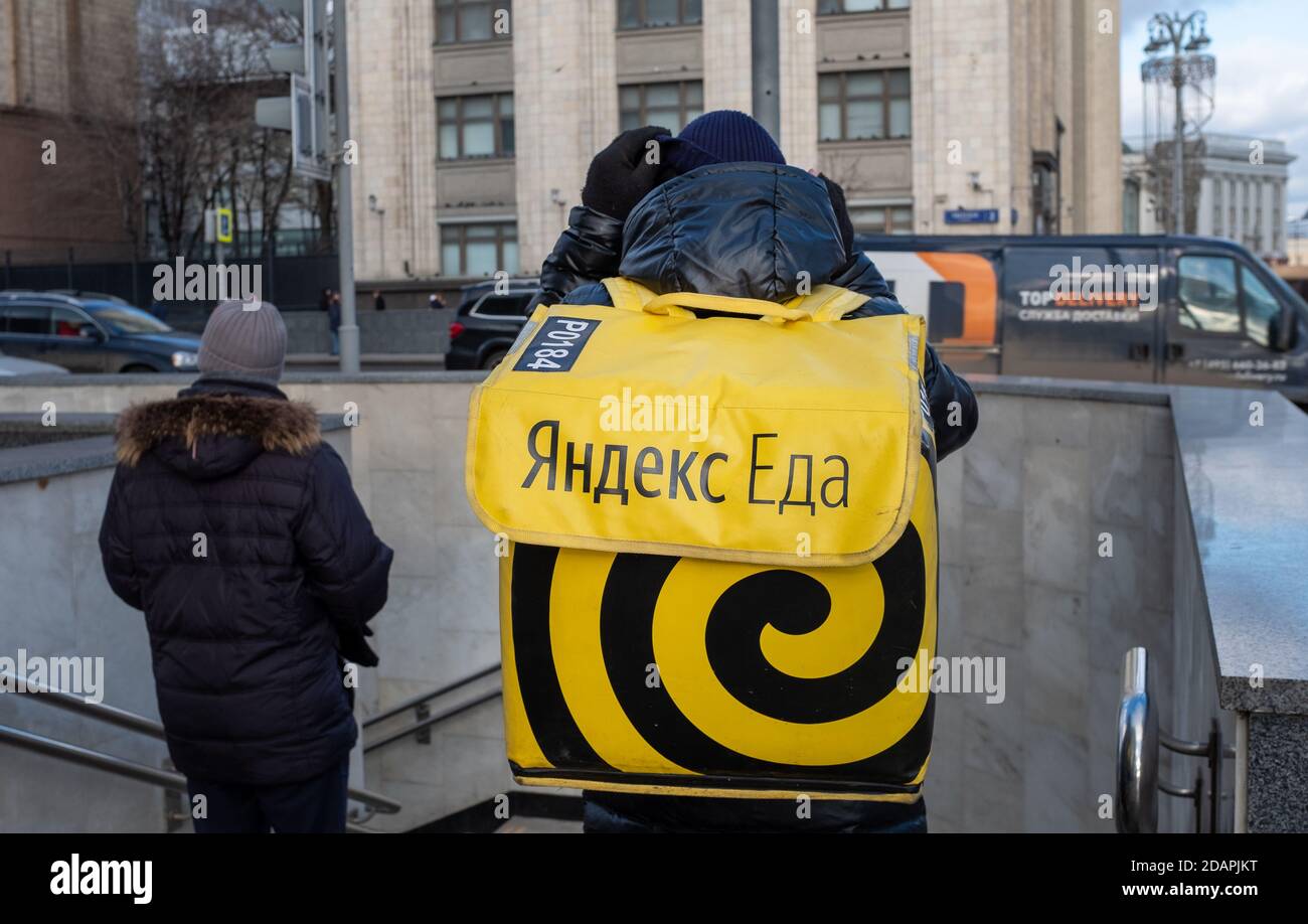 February 5, 2020 Moscow, Russia. An employee of the Yandex Food ...