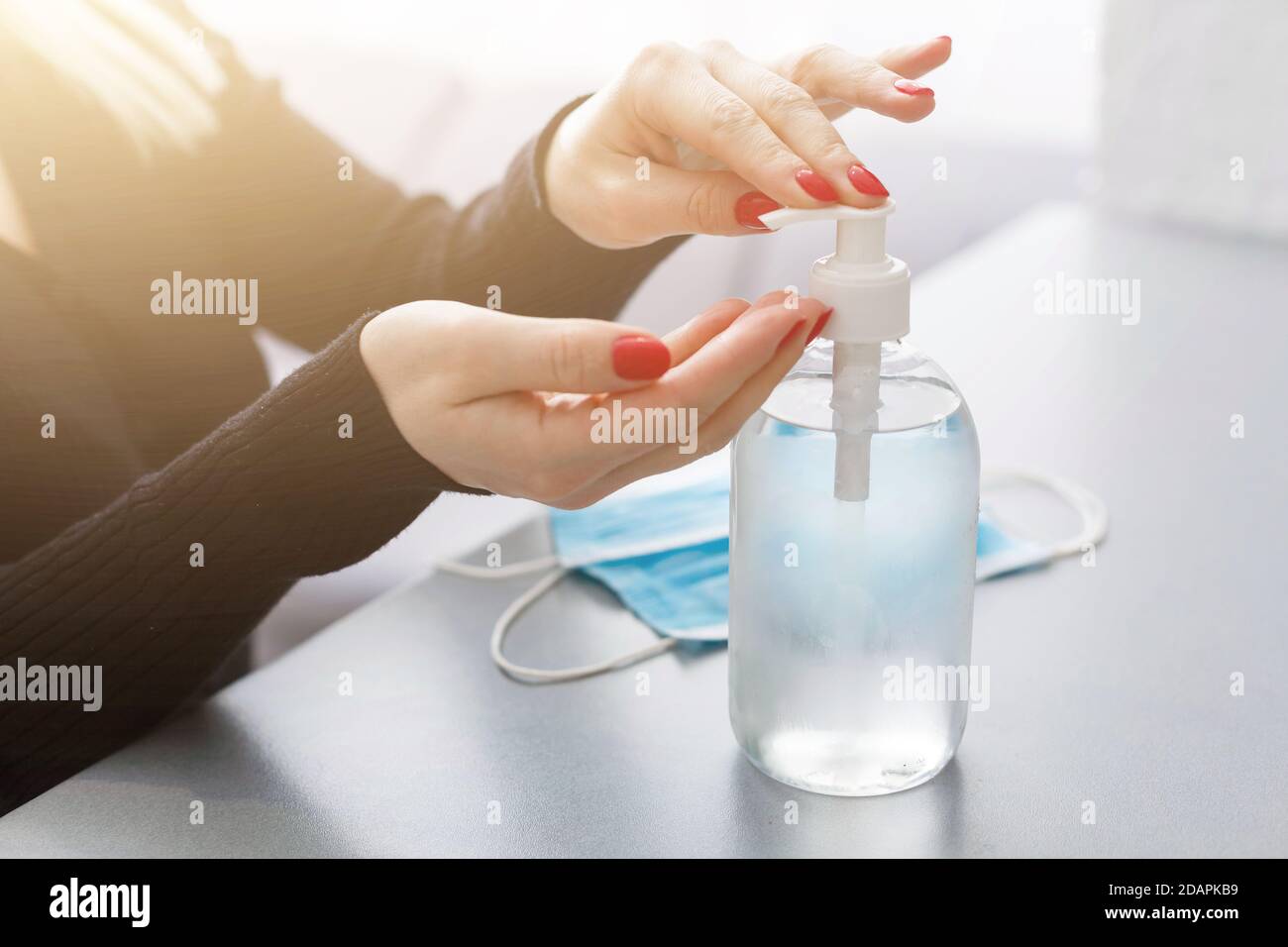 Female hands applying antibacterial liquid soap close up Stock Photo ...