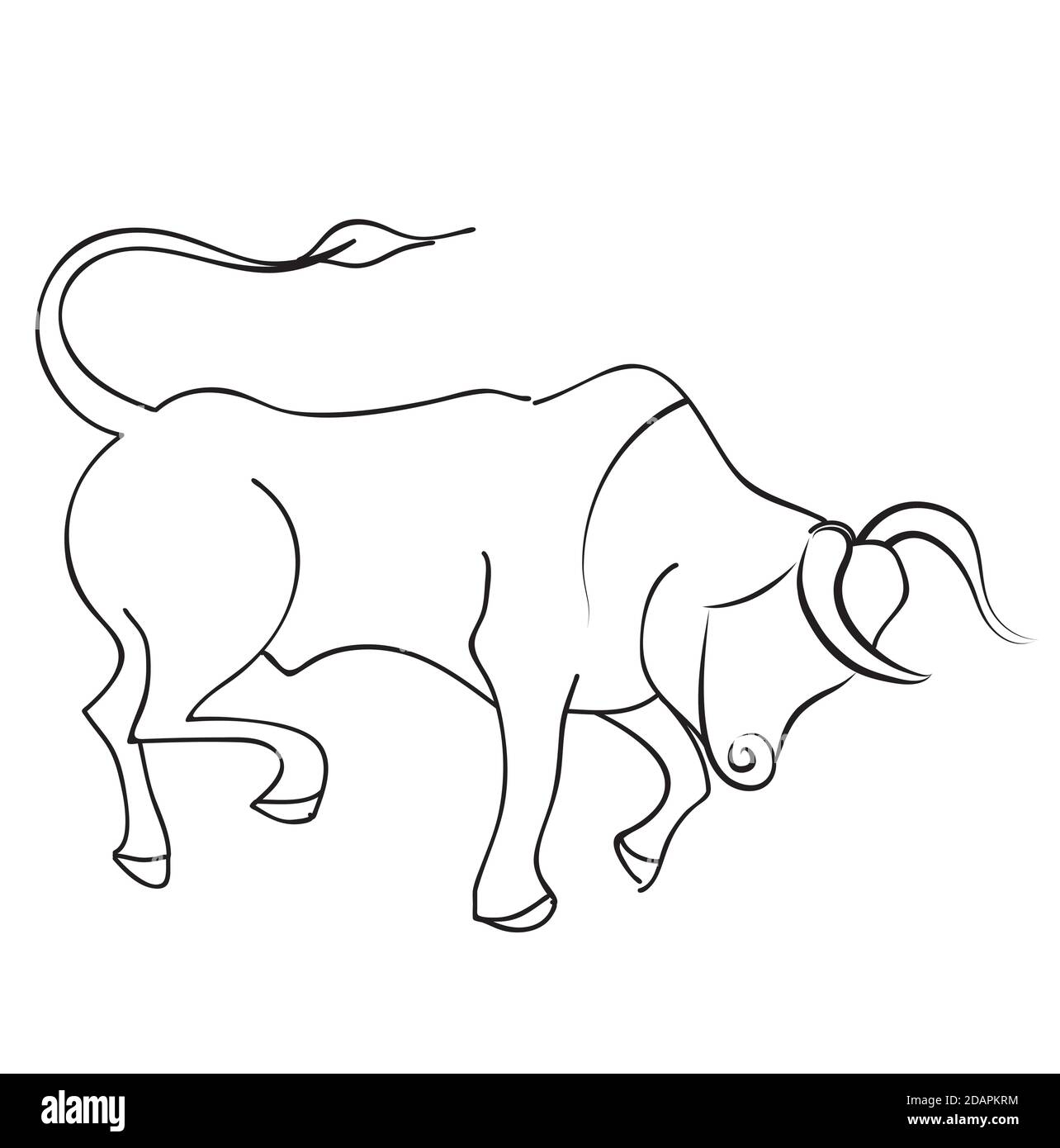 Linear vector drawing of a bull, symbol of 2021. Hand drawing, black ...