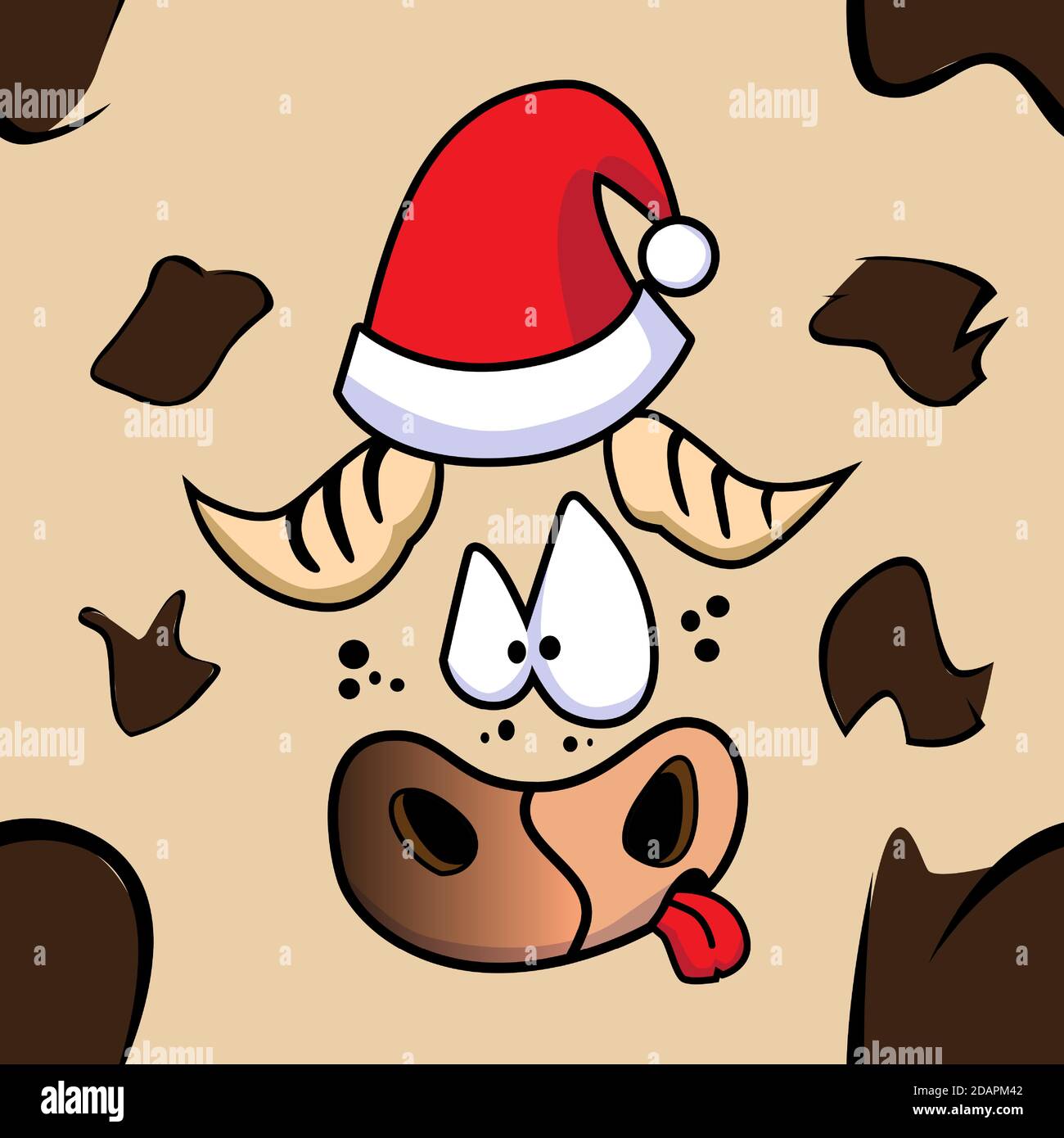 The spotted bull in the red santa hat smiles. Illustration in flat ...