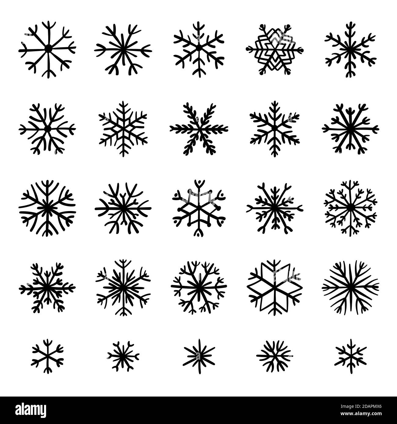 Set of different hand-drawn snowflakes. Doodle snowflakes collection for winter christmas design ...