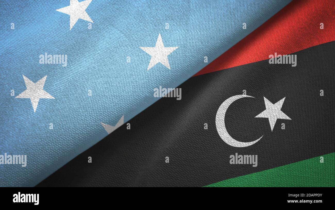 Micronesia and Libya two flags textile cloth, fabric texture Stock ...