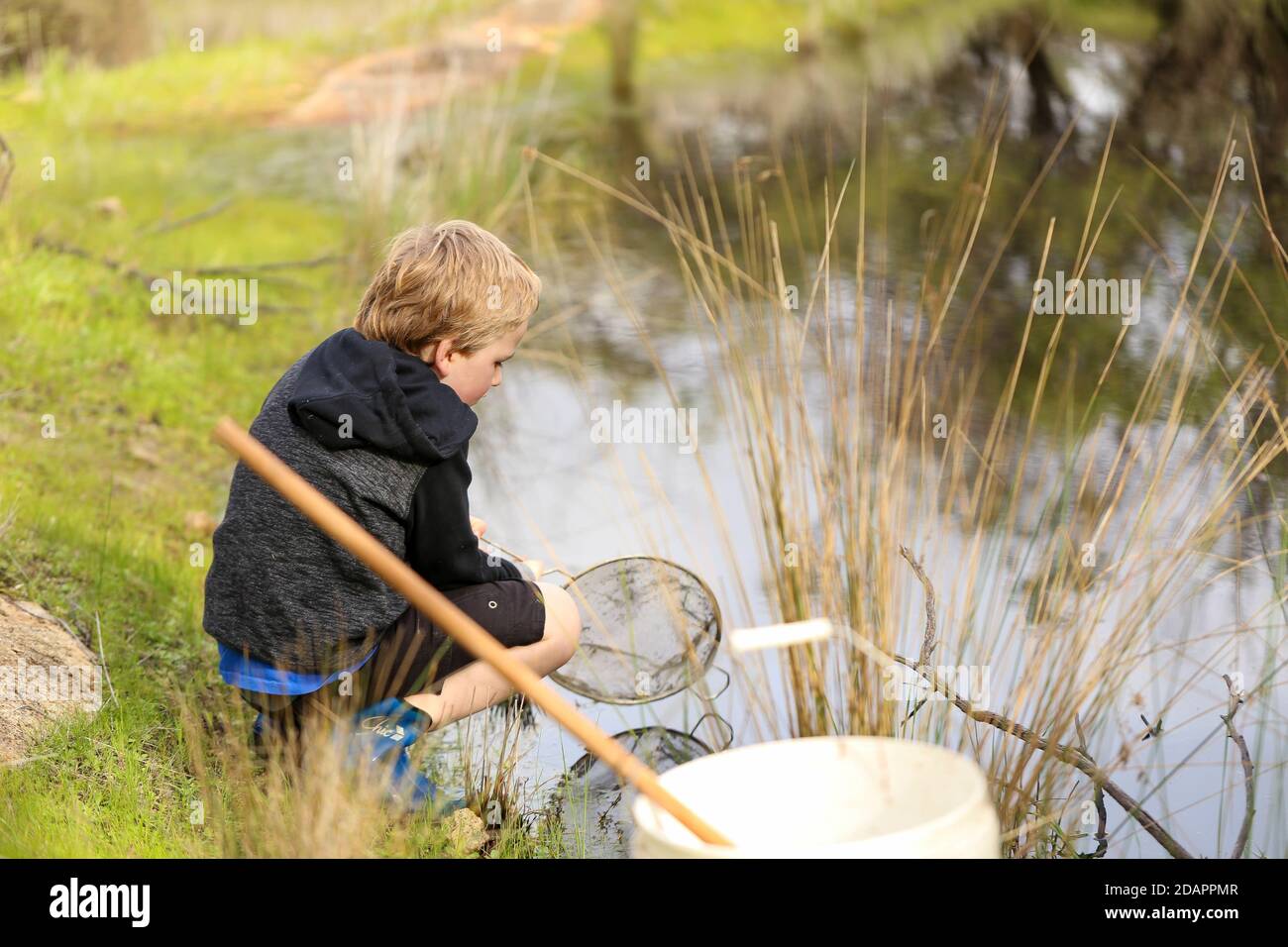 Blonde child trying to catch some fish with a hand net Stock Photo - Alamy