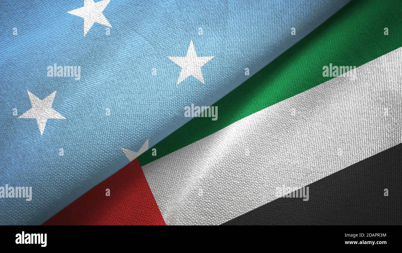 Micronesia and United Arab Emirates two flags textile cloth, fabric ...