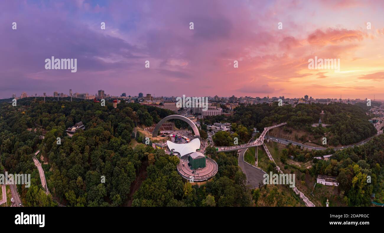 Panoramic view of Kyiv from the sky. Sunset over summer Kiev with Arch ...