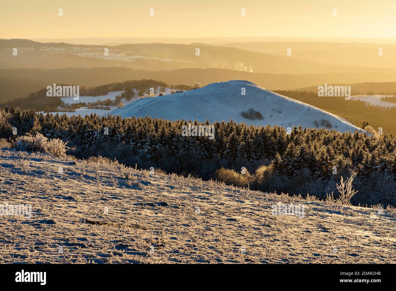 Panoramic view from Wasserkuppe in west direction in winter, nature ...