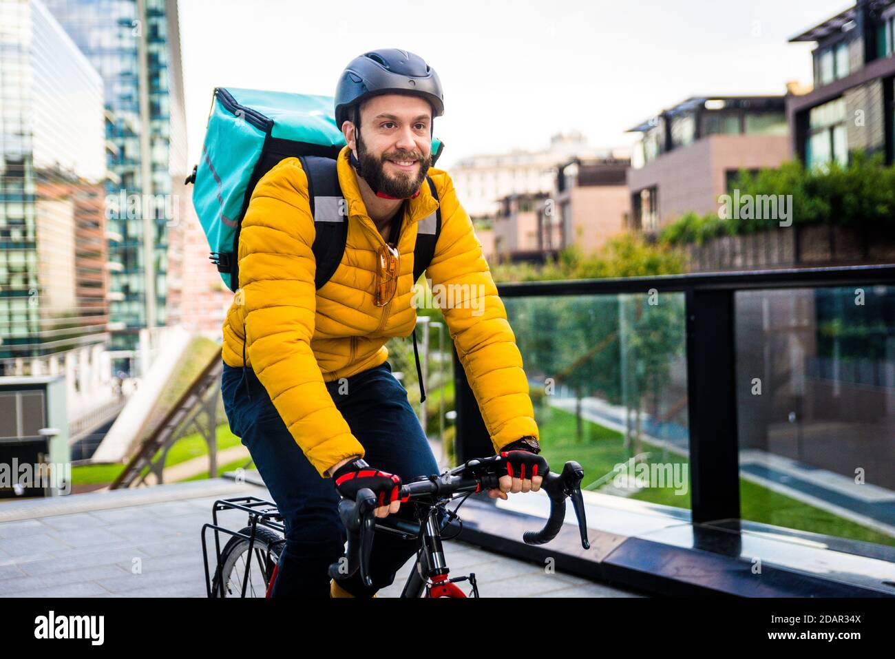 Food delivery service, rider delivering food to clints with bicycle ...
