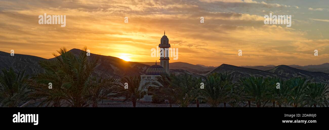 Mosque with palm trees at sunset at Malikia Resort Abu Dabbab, Hilton ...