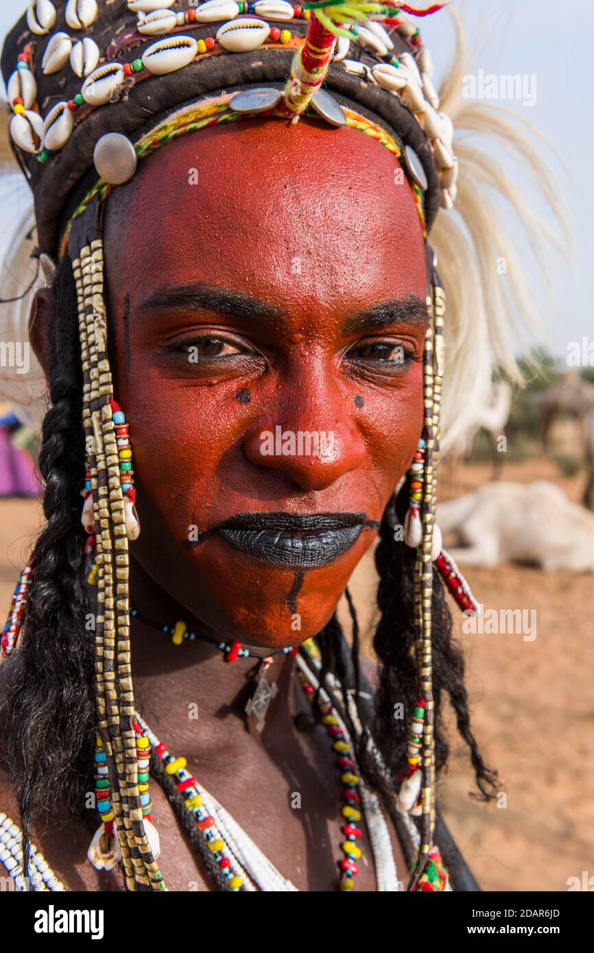 Wodaabe-Bororo man with face painted at the annual Gerewol festival ...