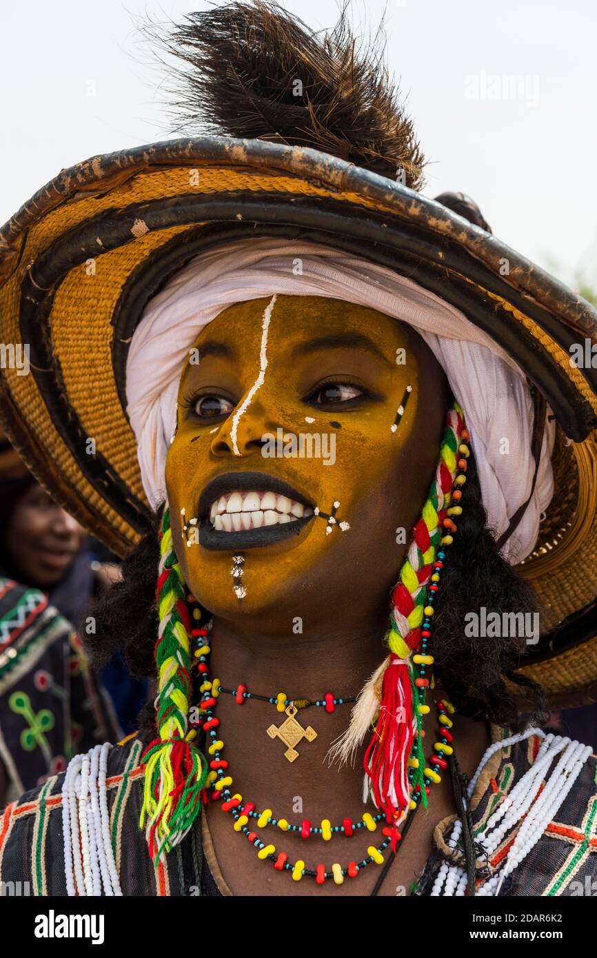 Wodaabe-Bororo man with face painted at the annual Gerewol festival ...