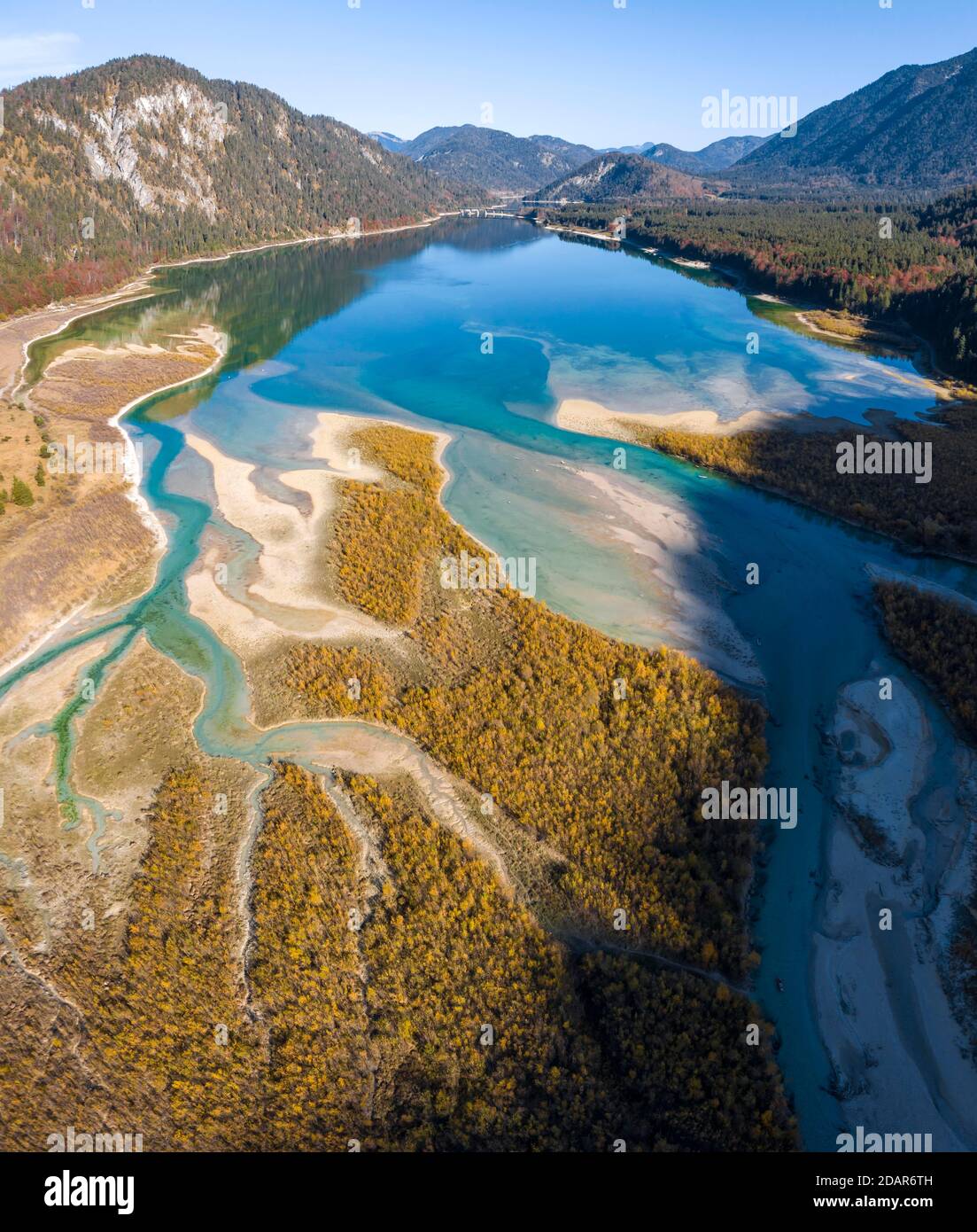 Aerial view, natural riverbed of the upper Isar in front of the ...