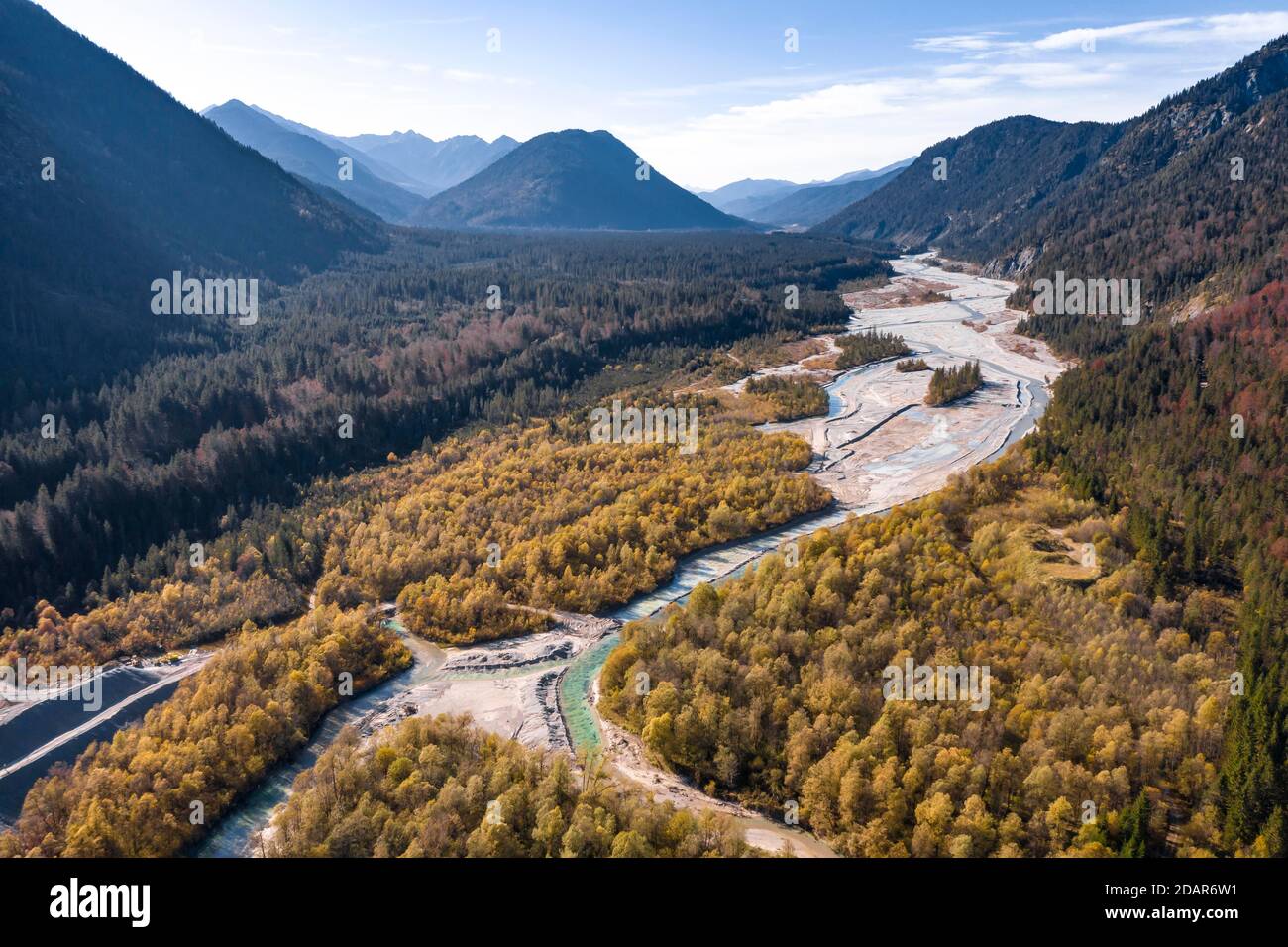 Aerial view, natural riverbed of the upper Isar in front of the ...
