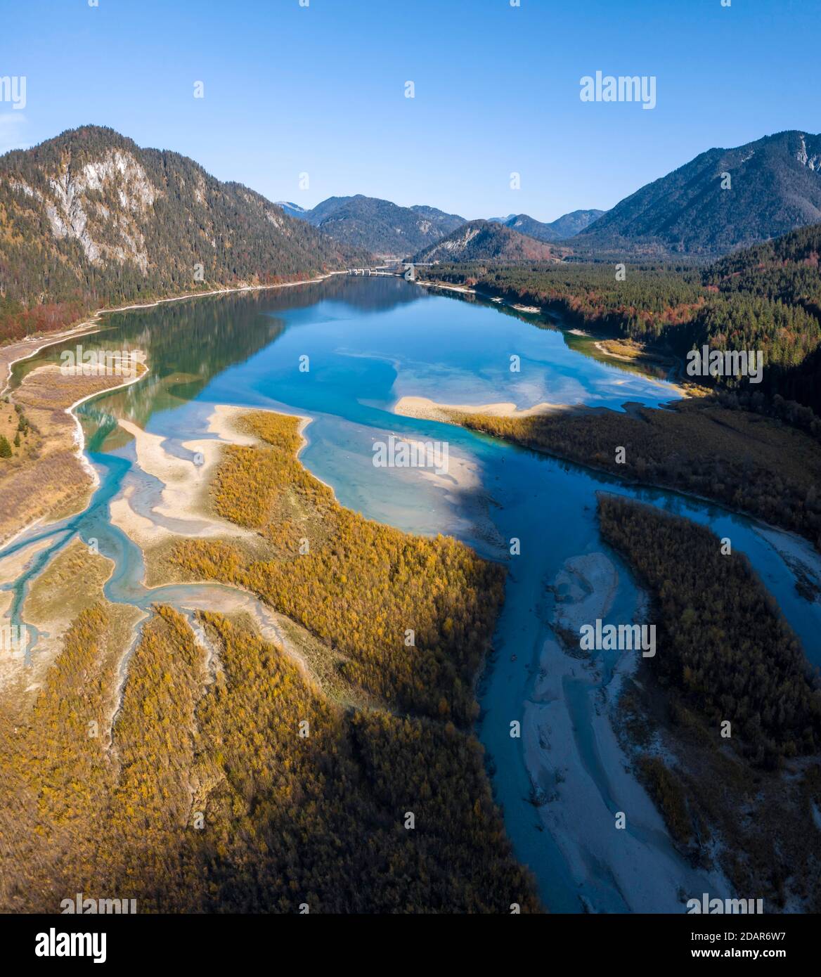 Aerial view, natural riverbed of the upper Isar in front of the ...