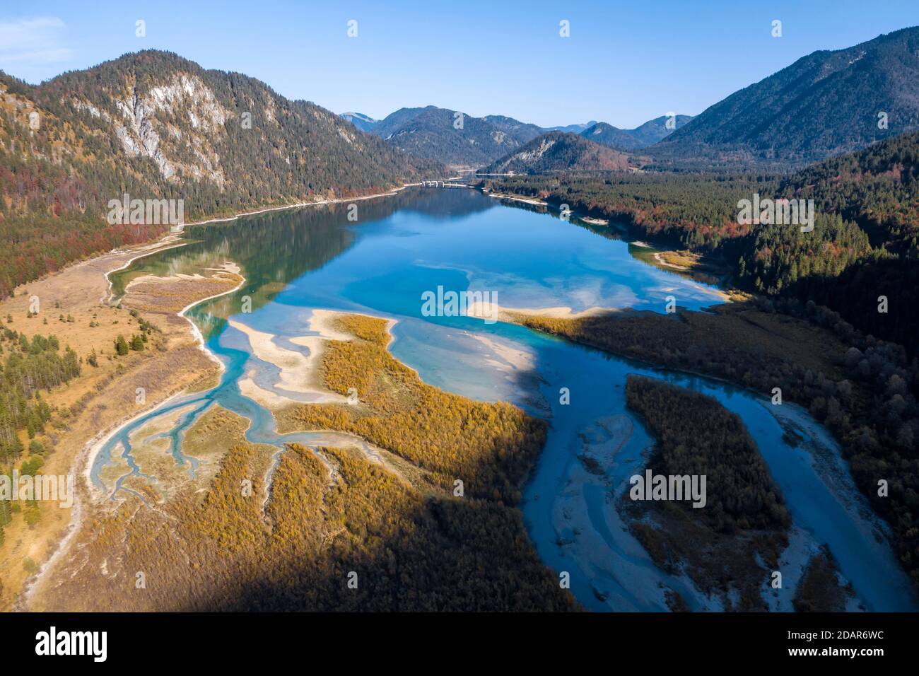 Aerial view, natural riverbed of the upper Isar in front of the ...