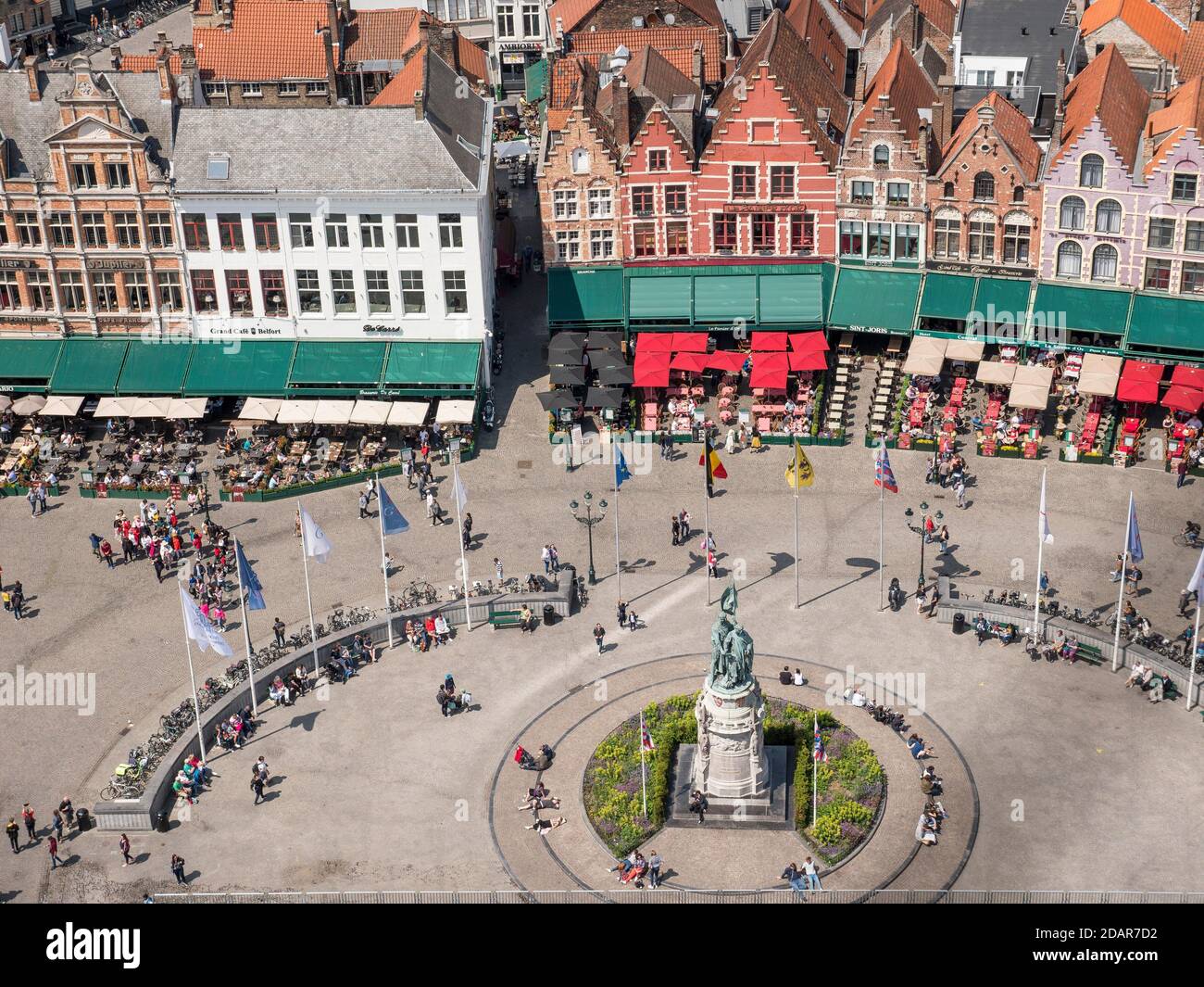 City view from the Belfort of Bruges tower at the market place and the ...