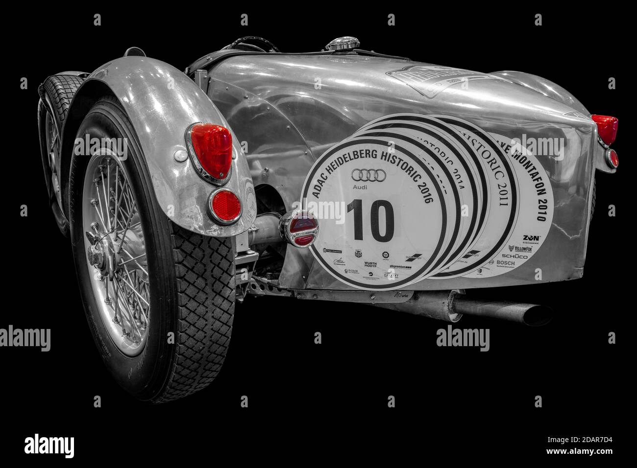 Oldtimer detail, Alvis Special, in black and white, with red brake ...