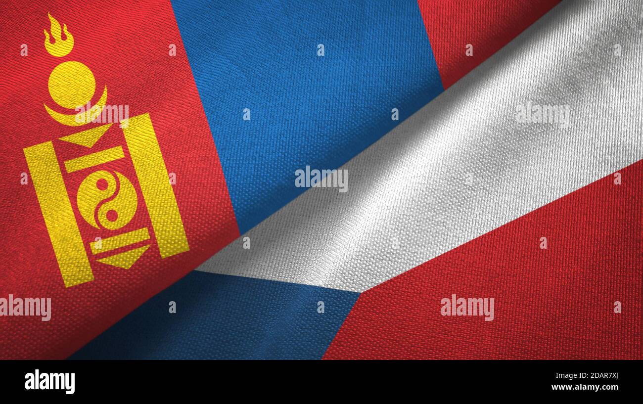 Mongolia and Czech Republic two flags textile cloth, fabric texture ...