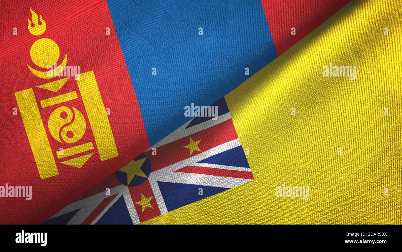 Mongolia and Niue two flags textile cloth, fabric texture Stock Photo ...