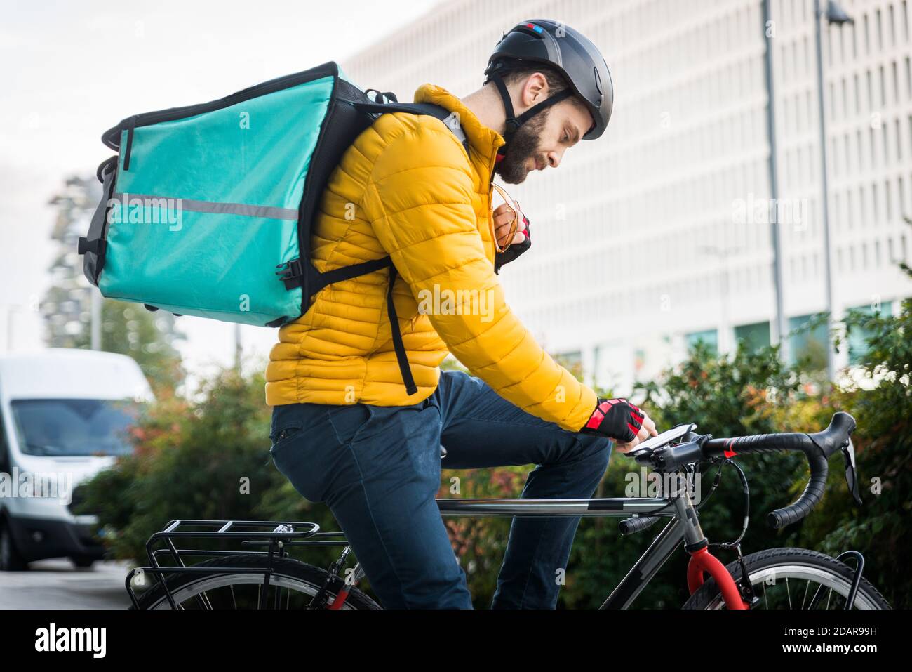 Food delivery service, rider delivering food to clints with bicycle ...