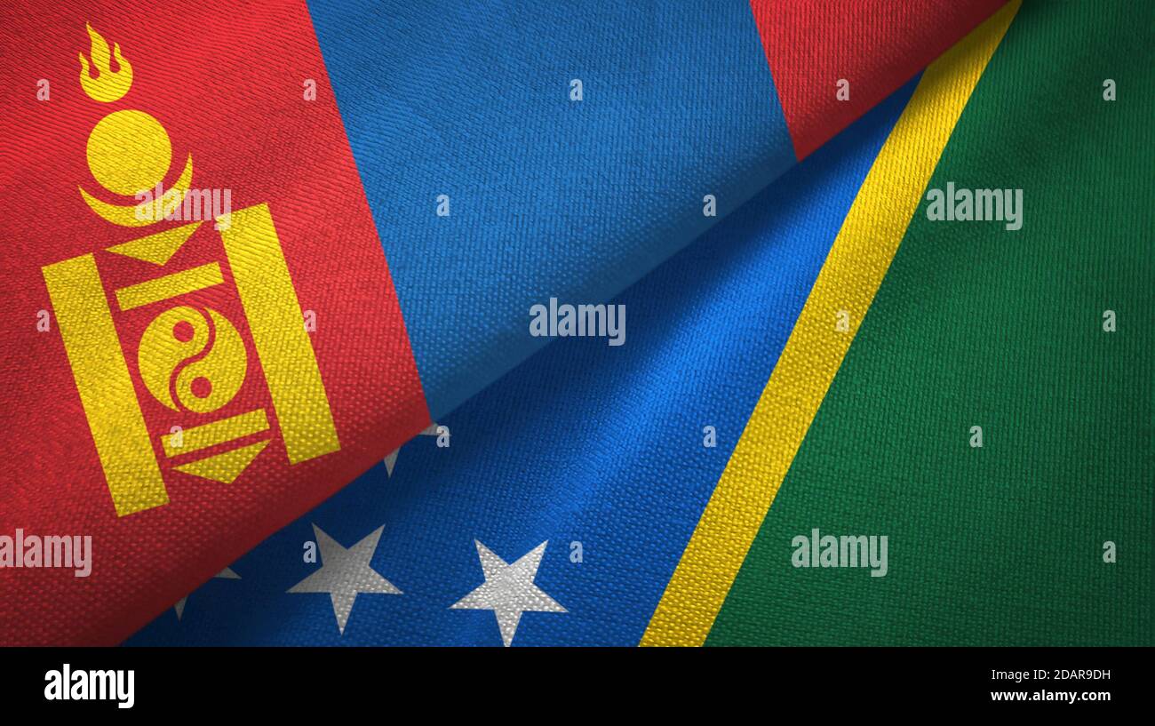 Mongolia and Solomon Islands two flags textile cloth, fabric texture ...
