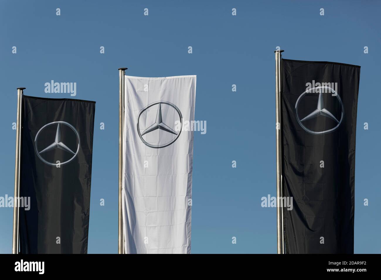 Flags with Mercedes star, logo, Mercedes-Benz branch Duesseldorf, North ...