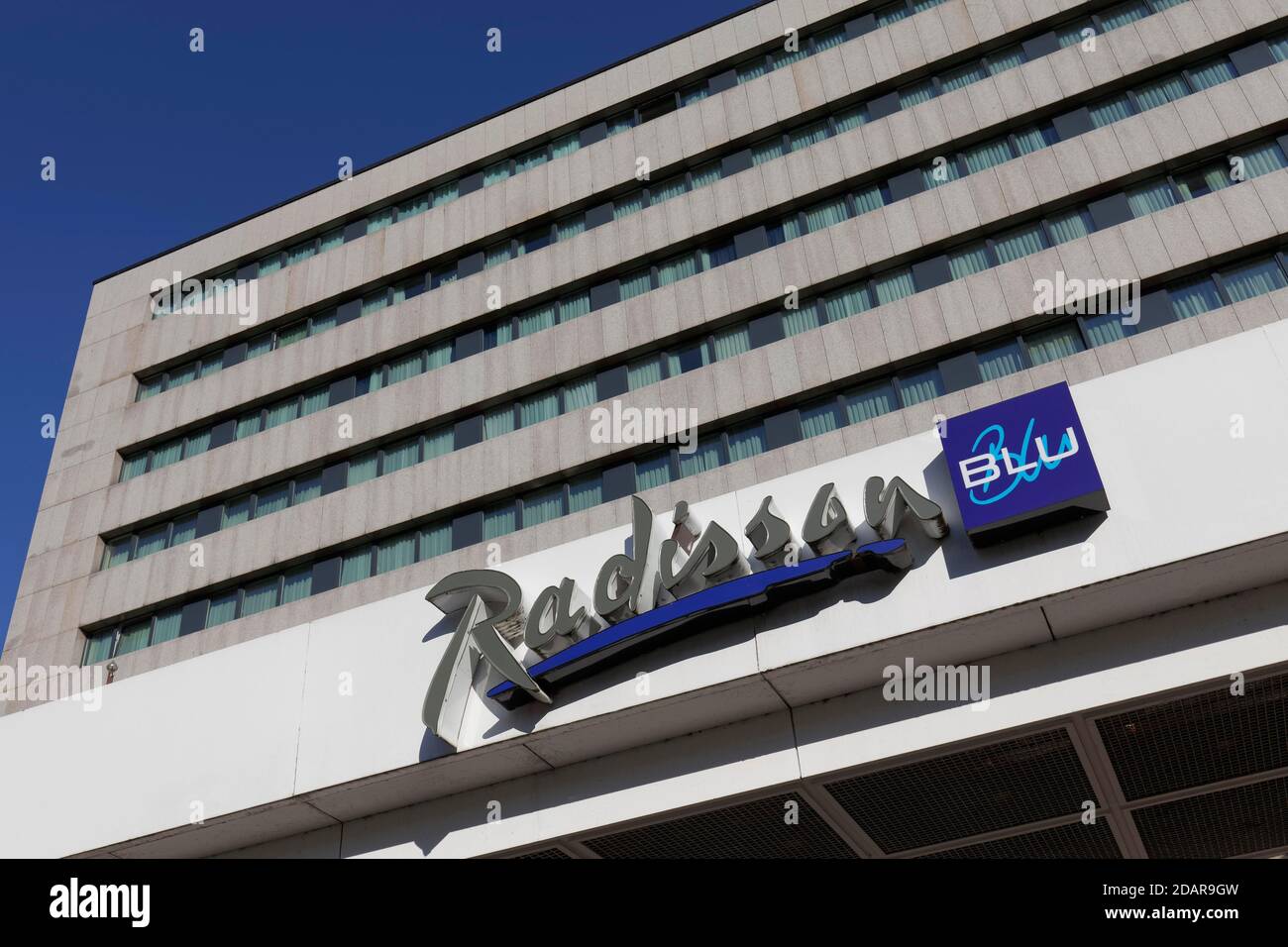 Radisson Blu Scandinavia logo on the building, hotel, Duesseldorf ...