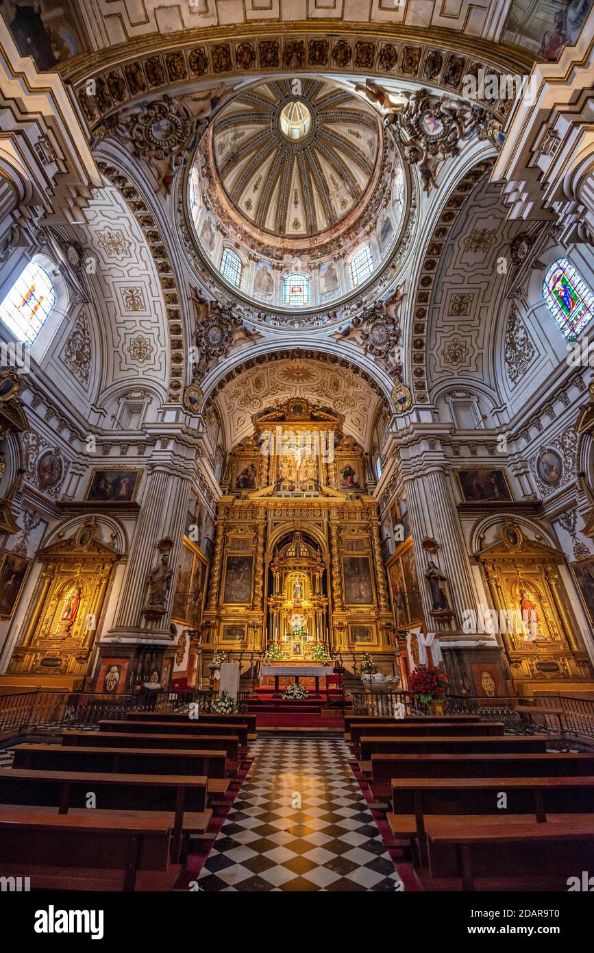 Church, interior with sanctuary, with gold and ornate ceiling ...
