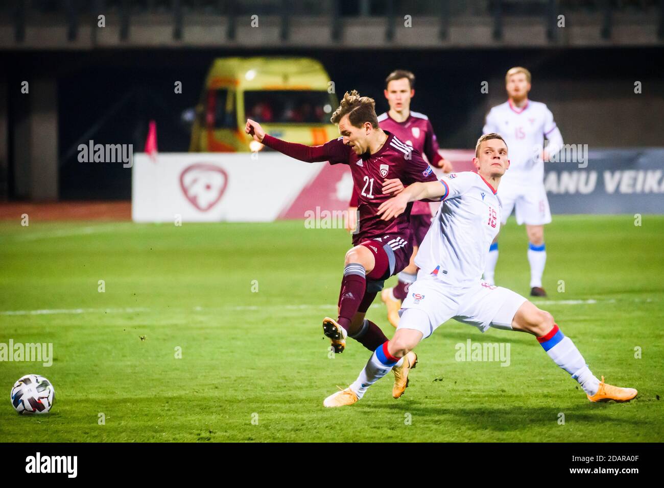 RIGA, LATVIA. 14th November 2020. Kriss Karklins (L) and Meinhard Olsen ...