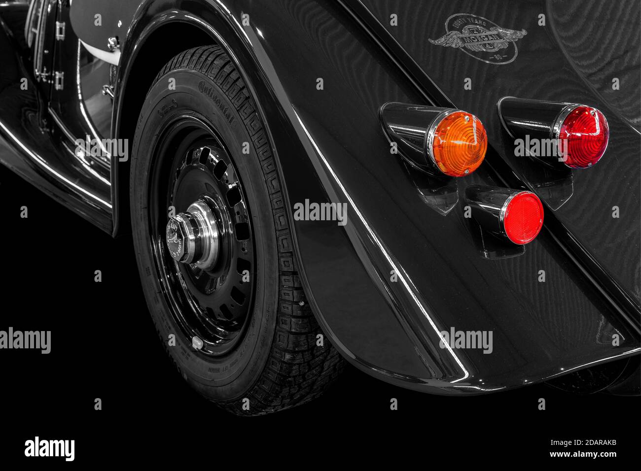 Oldtimer Detail, Morgan +8, in black and white, with red brake light ...