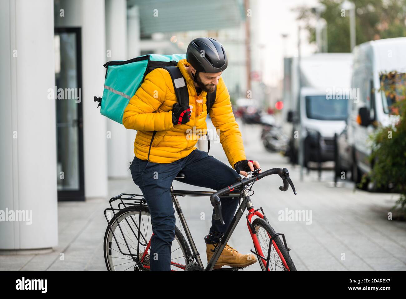 Food delivery service, rider delivering food to clints with bicycle ...
