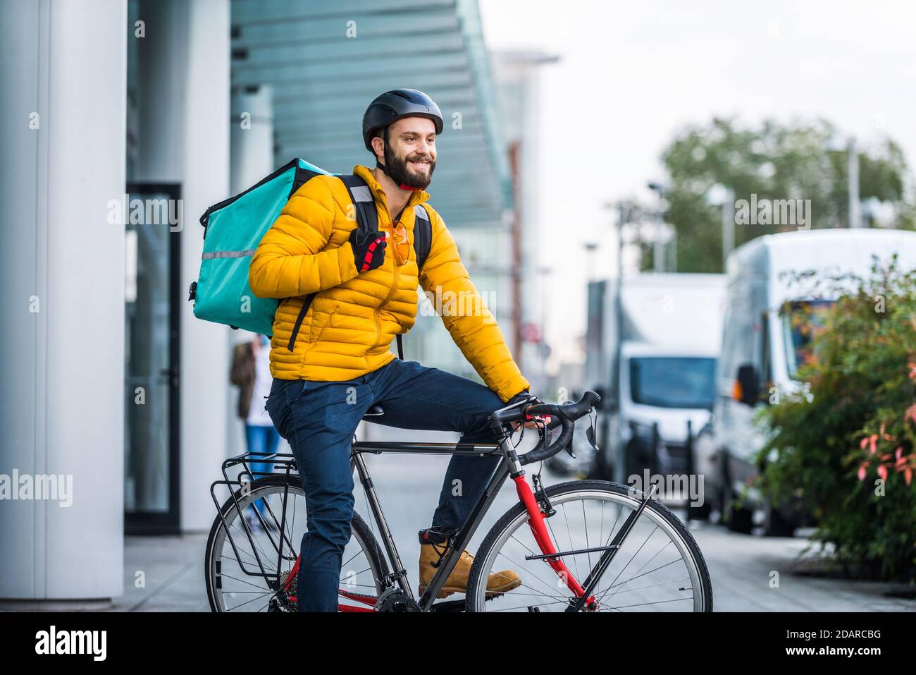 Food delivery service, rider delivering food to clints with bicycle ...