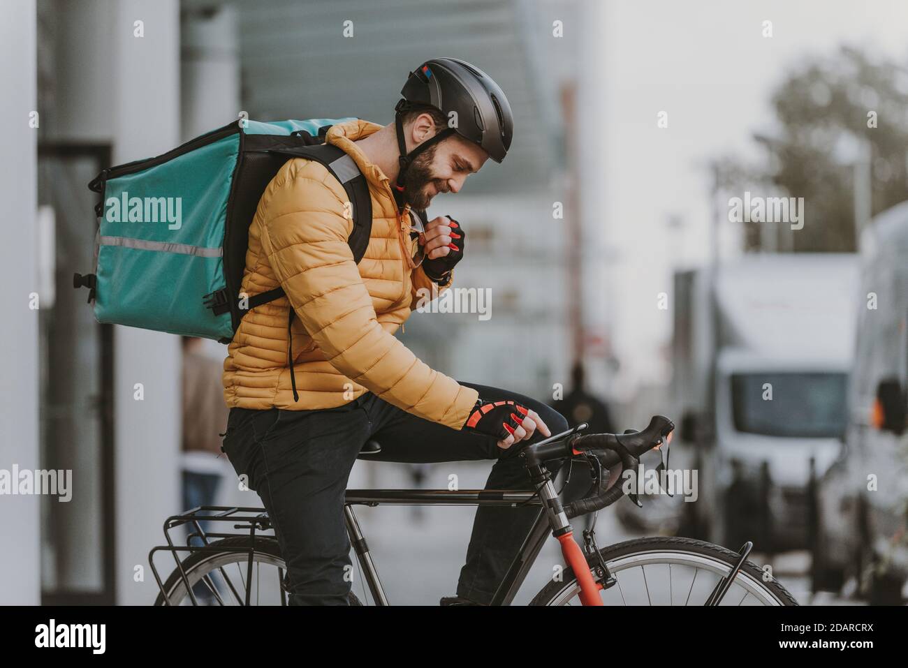 Food delivery service, rider delivering food to clints with bicycle ...