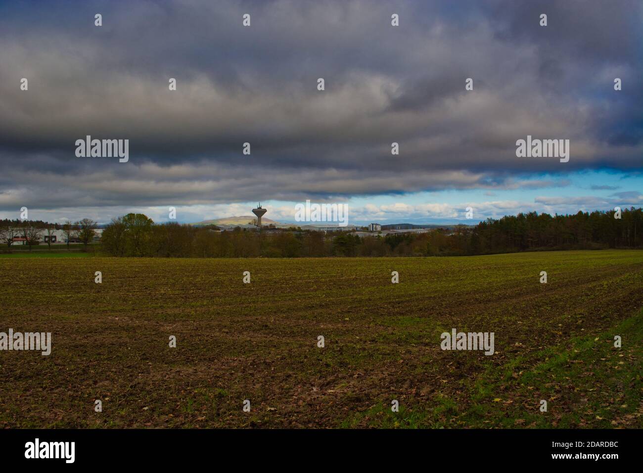 Landscape of a farm field covered in trees and plants under a cloudy ...