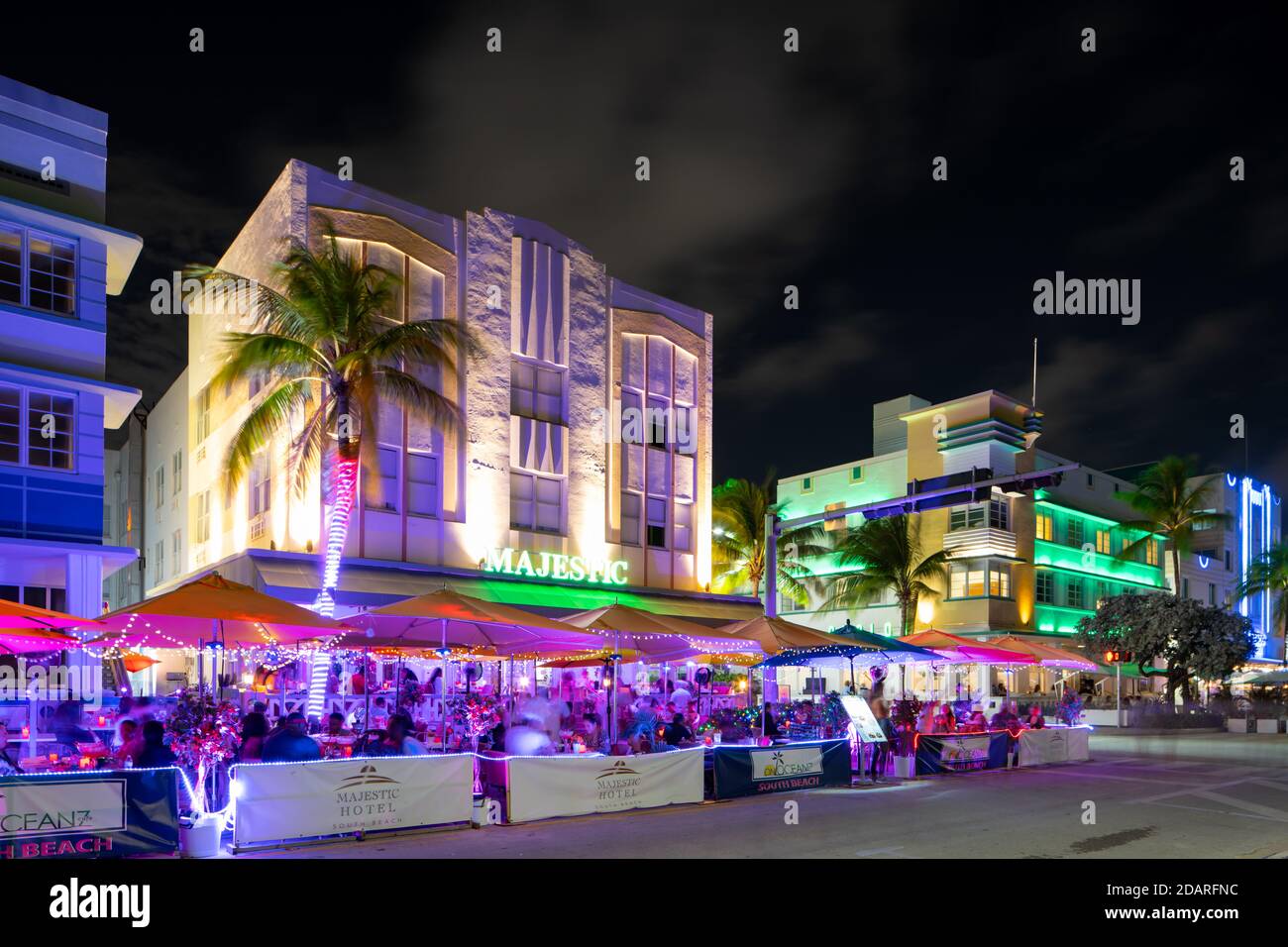 MIAMI BEACH, FL, USA - NOVEMBER 13, 2020: Night photo people dining at ...