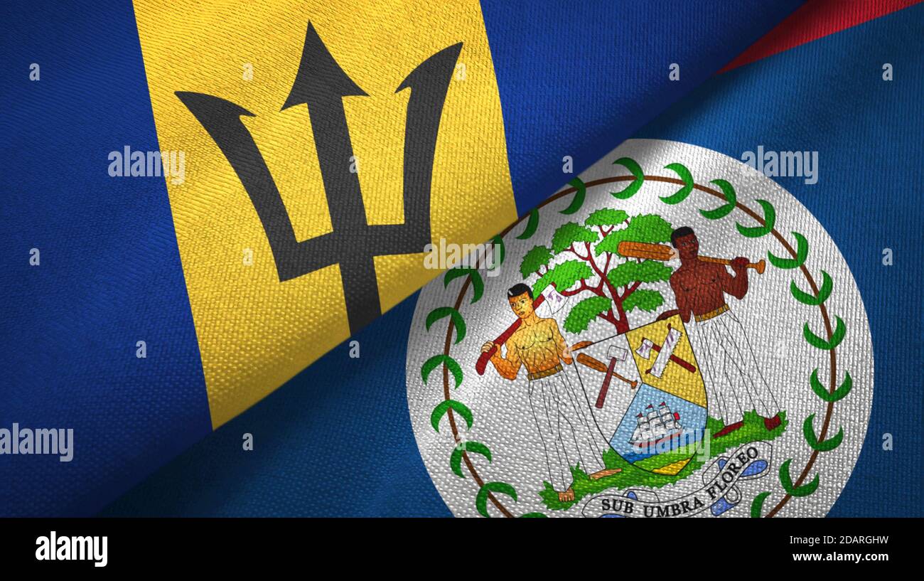Barbados and Belize two flags textile cloth, fabric texture Stock Photo ...