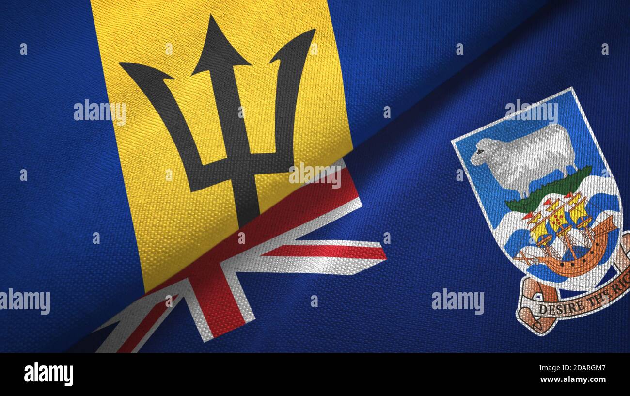Barbados and Falkland Islands two flags textile cloth, fabric texture ...