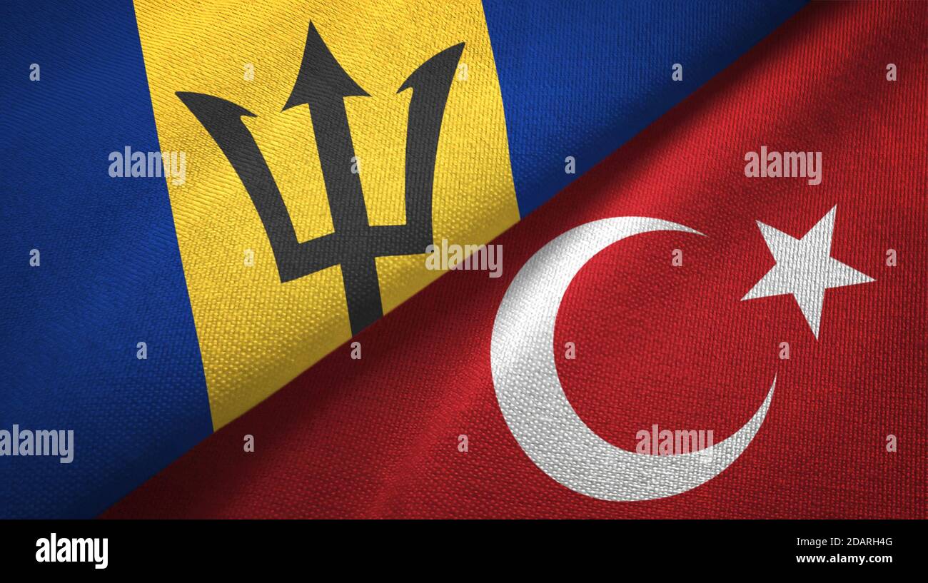 Barbados and Turkey two flags textile cloth, fabric texture Stock Photo ...