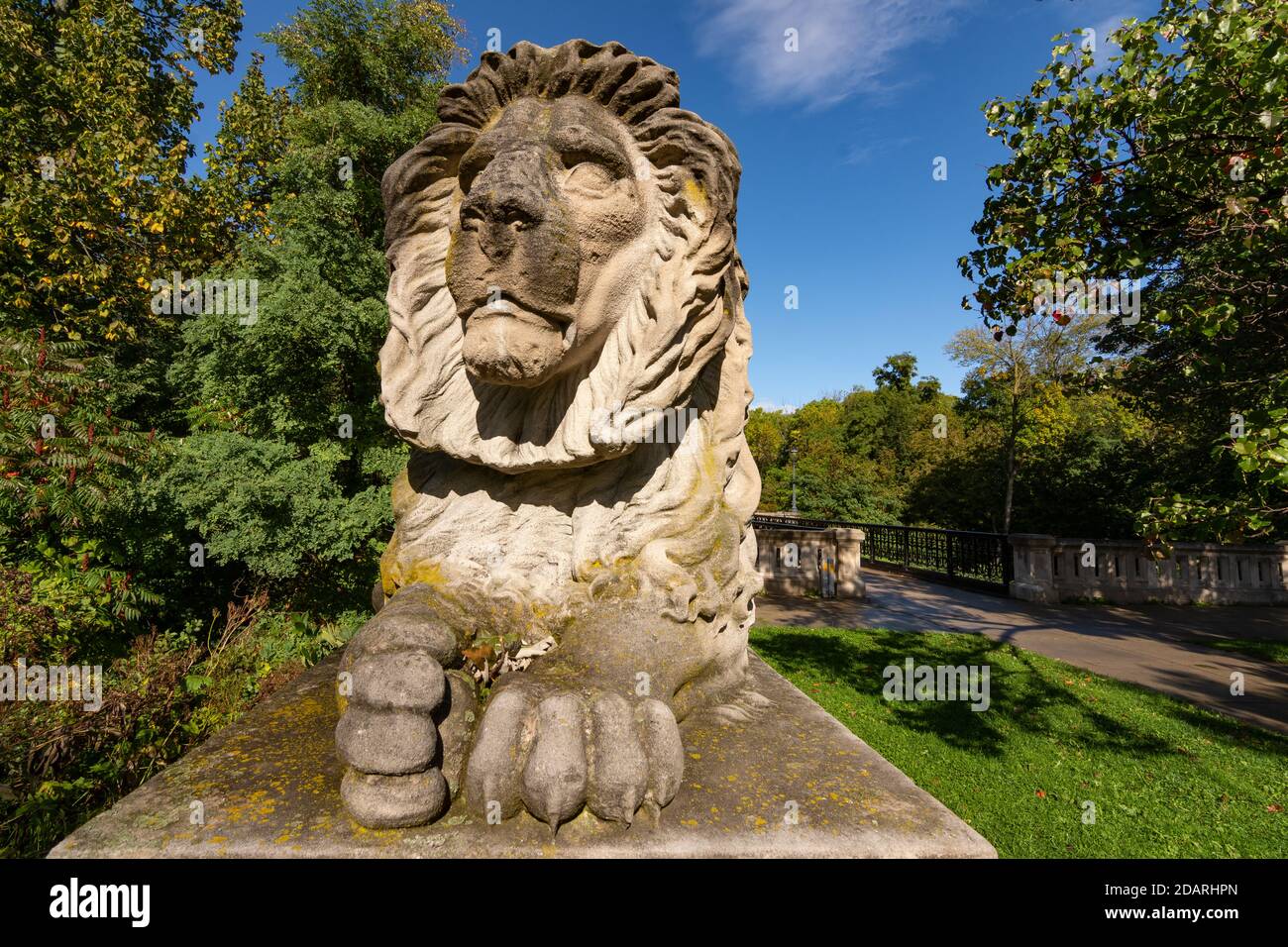 Stone lion statue in the grounds of North Point Lighthouse. Milwaukee ...